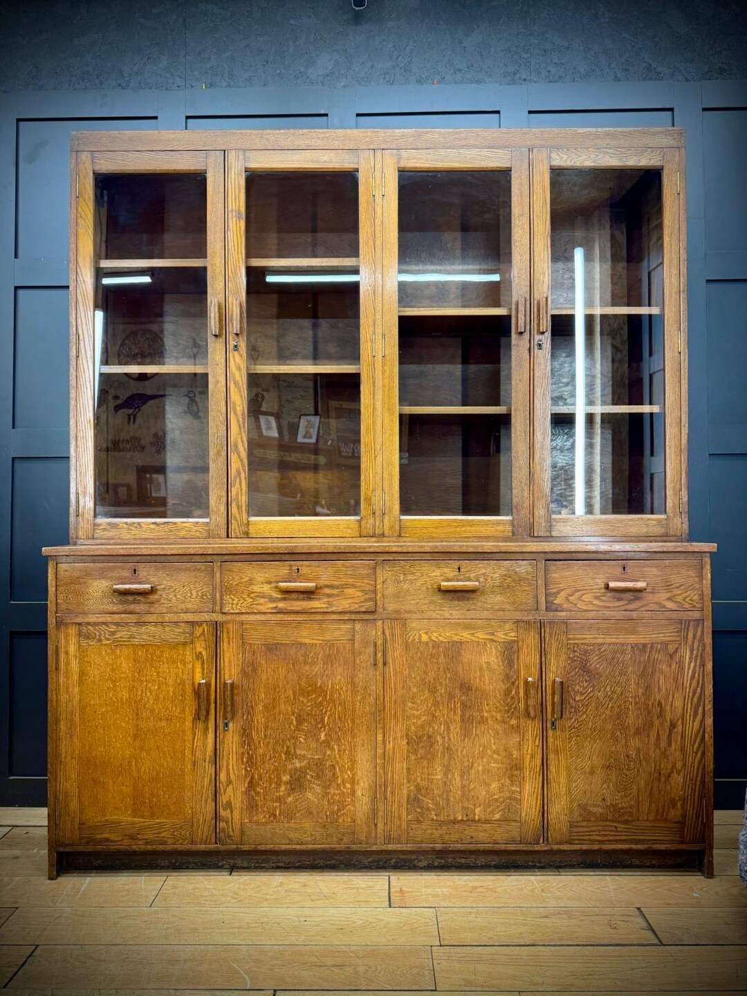 Antique Oak School Science Cabinet Glazed Display Bookcase Cupboard ...