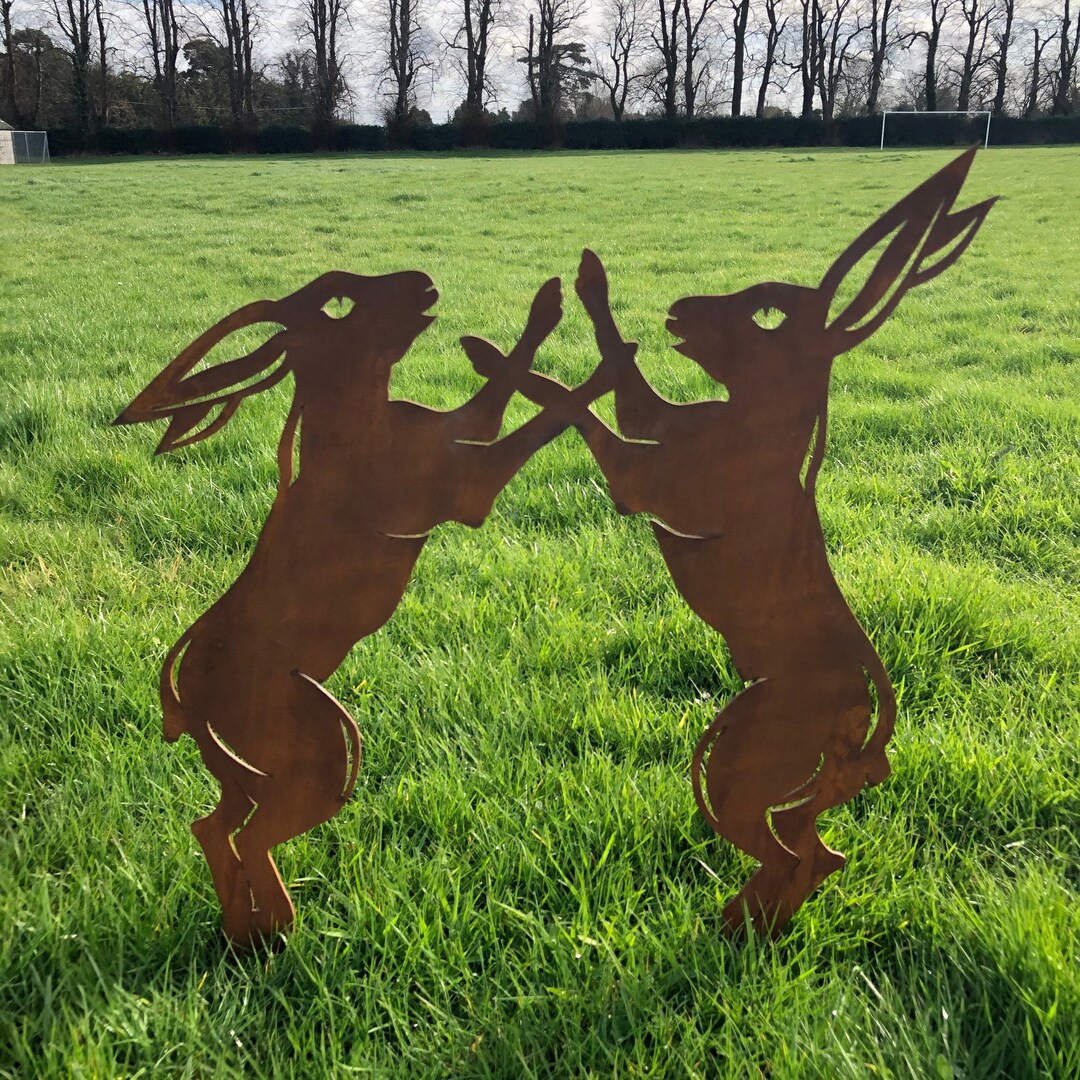 Rusty Metal Boxing Hares Garden Ornament , Christmas Gift , Gardeners ...