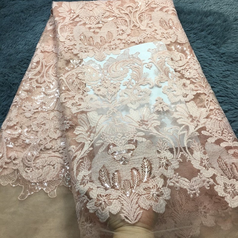 Pink French African Lace Fabric Guipure Sequined Cord Tulle Nigerian ...