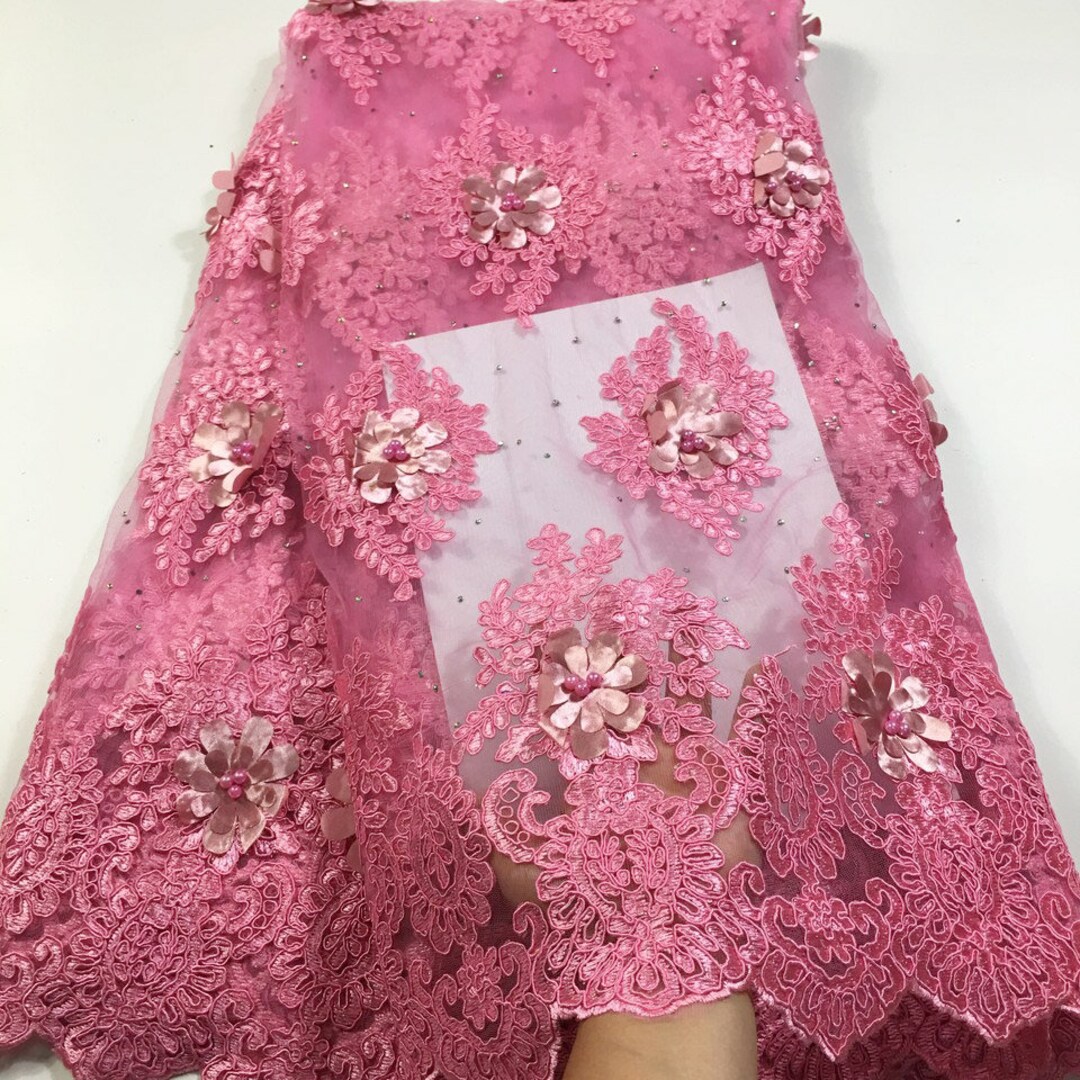 5 Yards 3D Flowers in Pink French Lace Fabric 2021 High Quality Lace ...