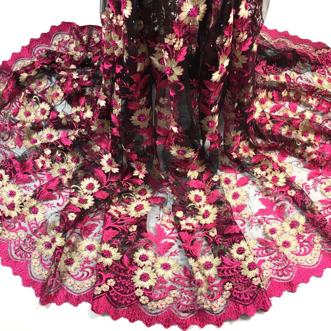 African Material Beaded Lace Fabric for Wedding 5yards, Rose Red ...