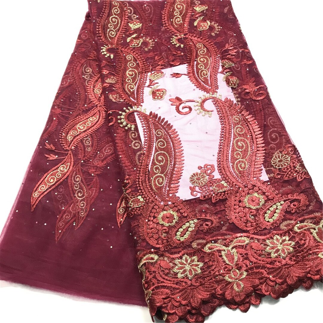 African Fabric Lace Wine Embroidered Lace Fabric for Wedding Dress ...