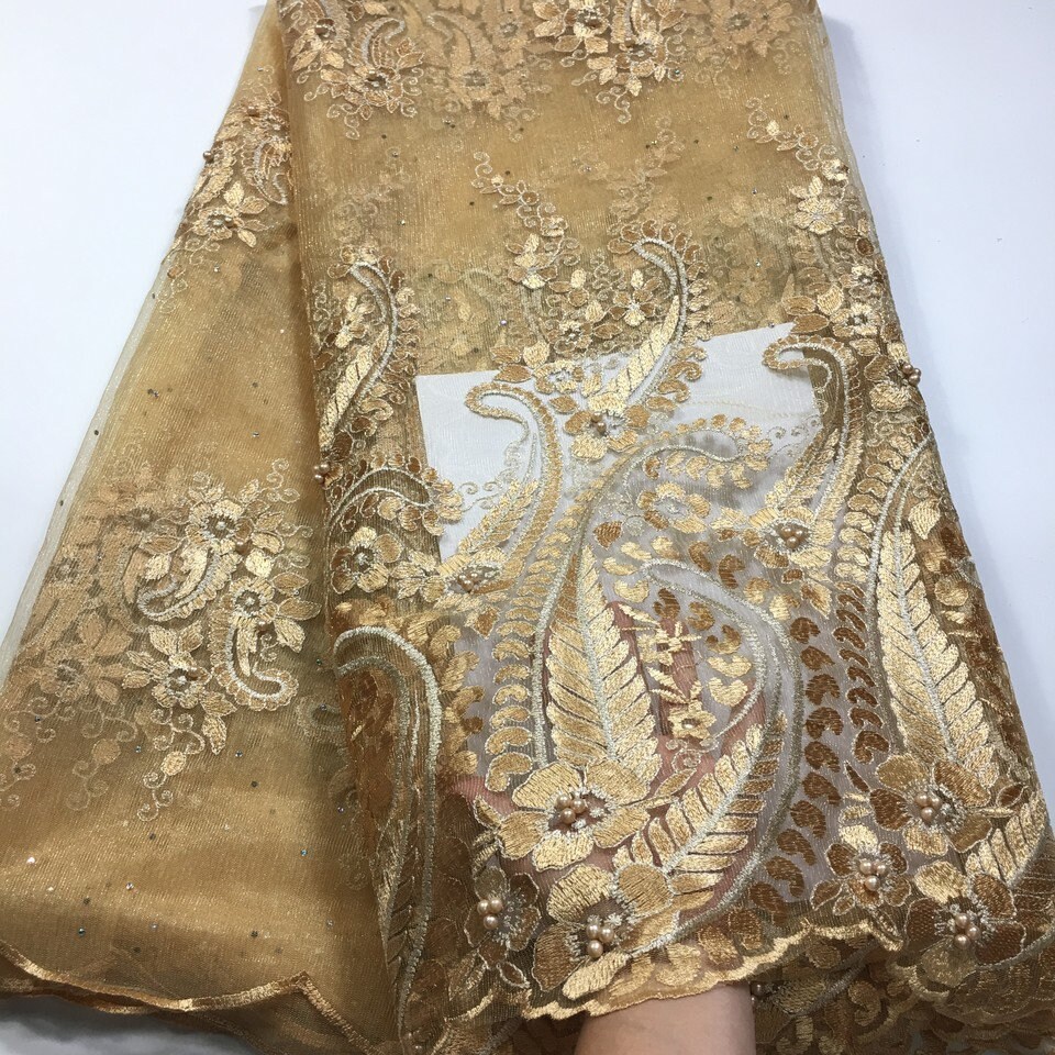 Latest Gold Embroidered Net Material 5yards, Nigerian Tulle Lace Fabric ...