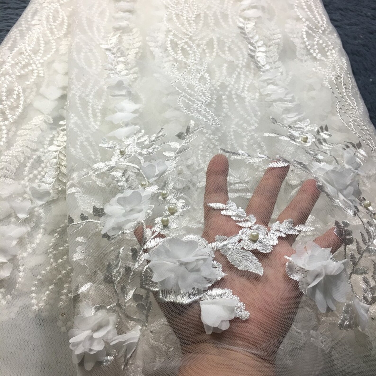 3D Flowers Lace Fabric High Quality Beaded French Lace Fabric Navy ...