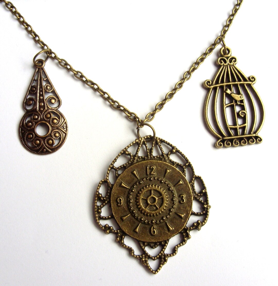 Steampunk Style Filigree Clock, Drop, Birdcage Antique Bronze Necklace ...