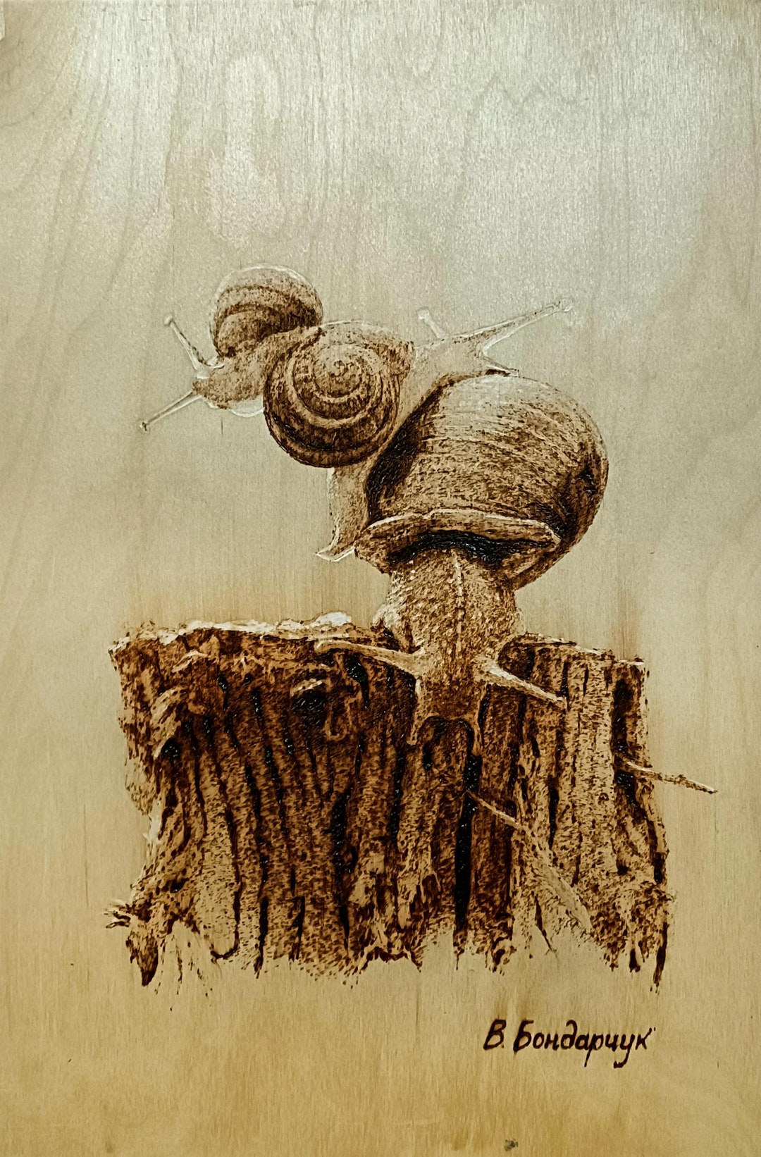 Unique Realistic Hand Wood Burning Art: Snails on a Stump. One of a ...