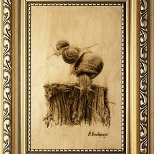 Unique Realistic Hand Wood Burning Art: Snails on a Stump. One of a ...