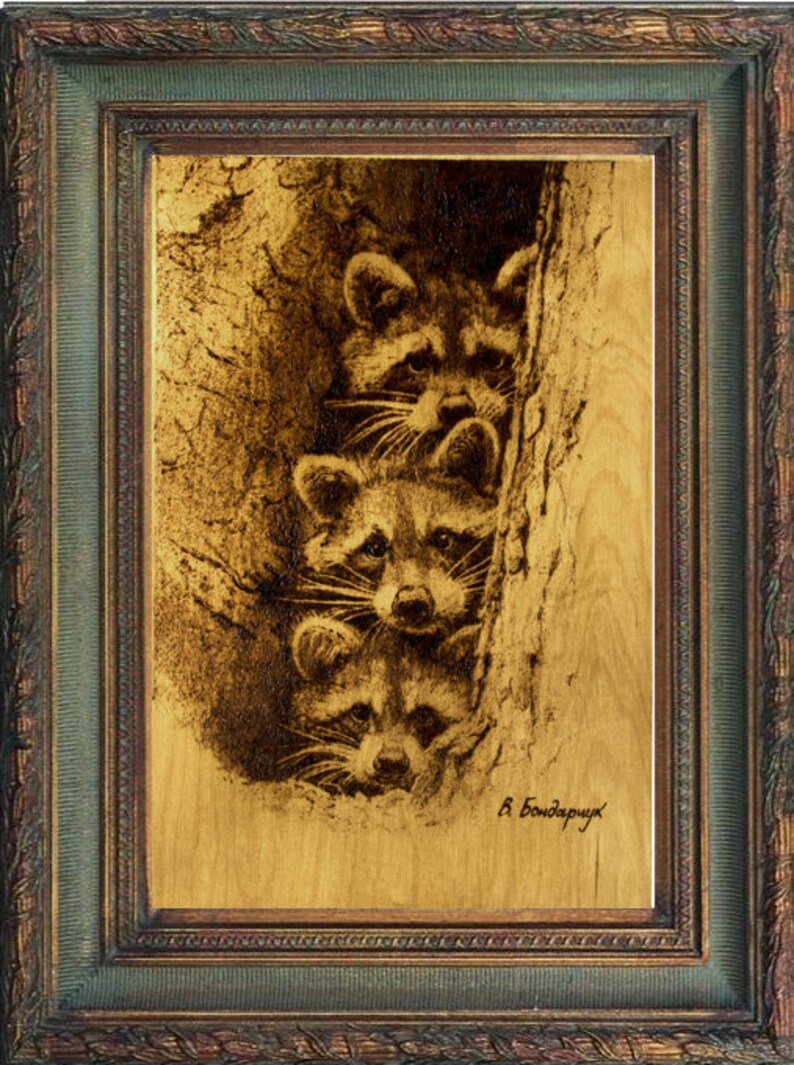 Original Realistic Drawing. Real Handmade Wood Burning. Raccoons ...