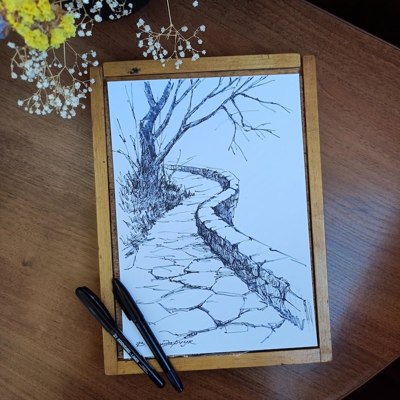 Original Painting. Minimalist Black and White Drawing. Landscape Stone ...