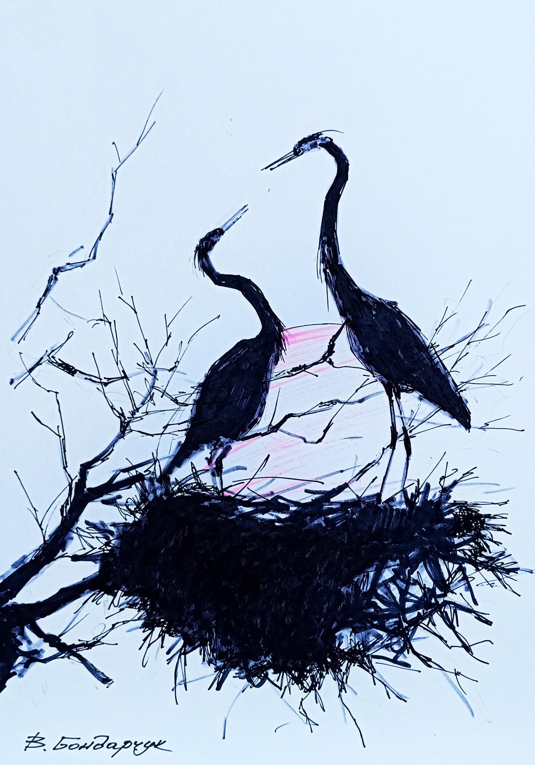 Original Drawing With Black Marker. Birds in the Nest. Unique ...