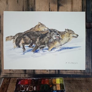 Original Watercolor Illustration. Running Wolves. A Unique Ideal Gift ...