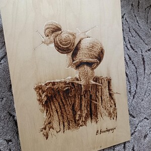 Unique Realistic Hand Wood Burning Art: Snails on a Stump. One of a Kind Pyrography Drawing of ...