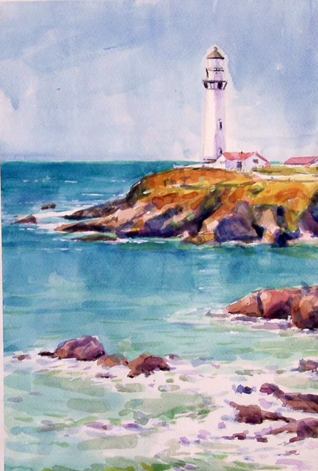 Beautiful Seascape in Watercolor. Drawing of a Lighthouse. Unique ...