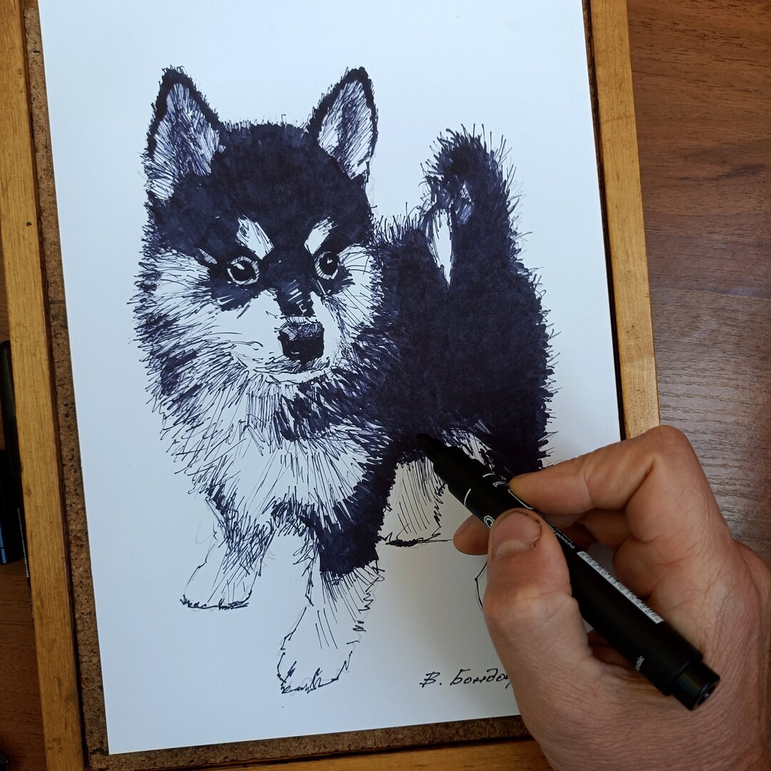 Unique Drawing With Black Marker. Puppy. One of a Kind Minimalistic ...