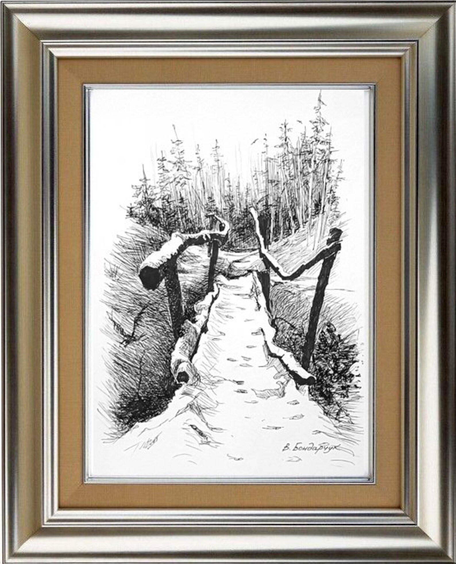 Drawing With Black Marker. Winter Forest Landscape. Wooden Bridge ...