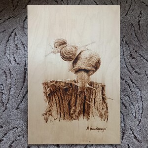 Unique Realistic Hand Wood Burning Art: Snails on a Stump. One of a Kind Pyrography Drawing of ...