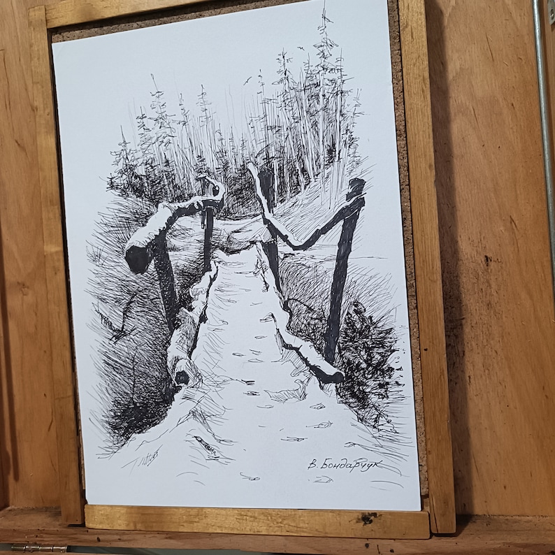 Drawing With Black Marker. Winter Forest Landscape. Wooden Bridge ...