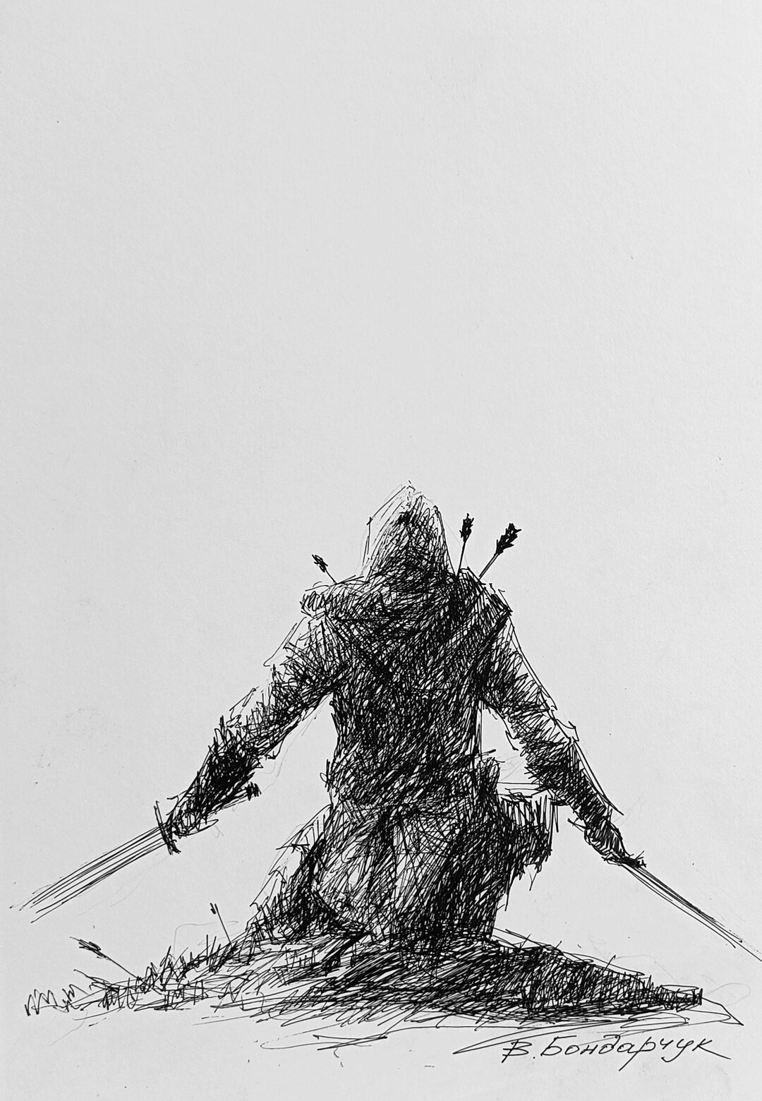 Original Drawing With Black Marker. Invincible Warrior. Minimalist ...