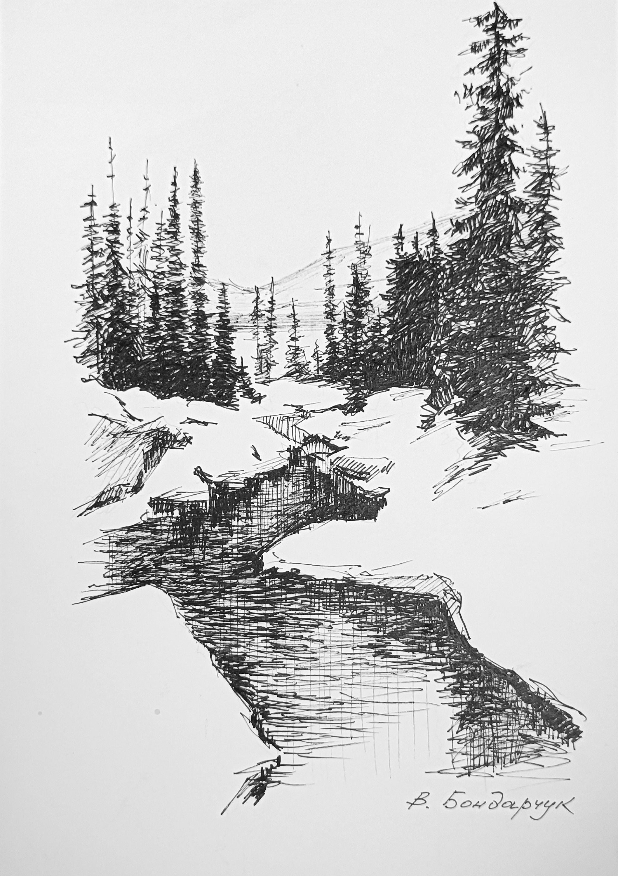 Black Marker Drawing. Winter Landscape. Minimalistic Sketch ...