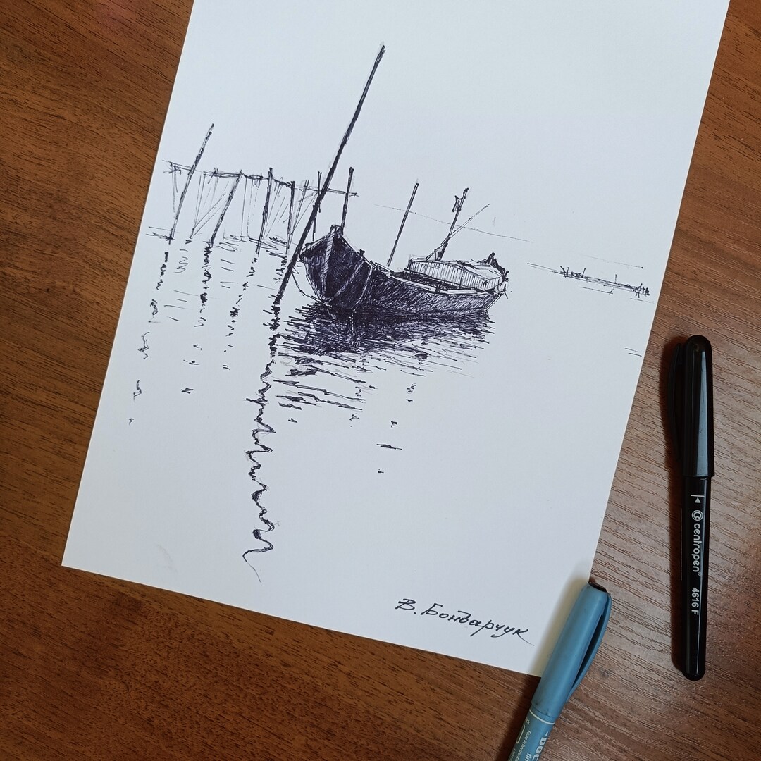 Original Drawing With Black Marker. Boat in the Fog in the Morning ...
