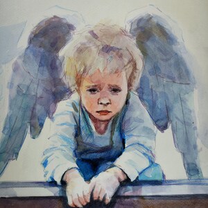 Original Watercolor Angel Drawing. Beautiful Portrait of a Sad Angel on ...