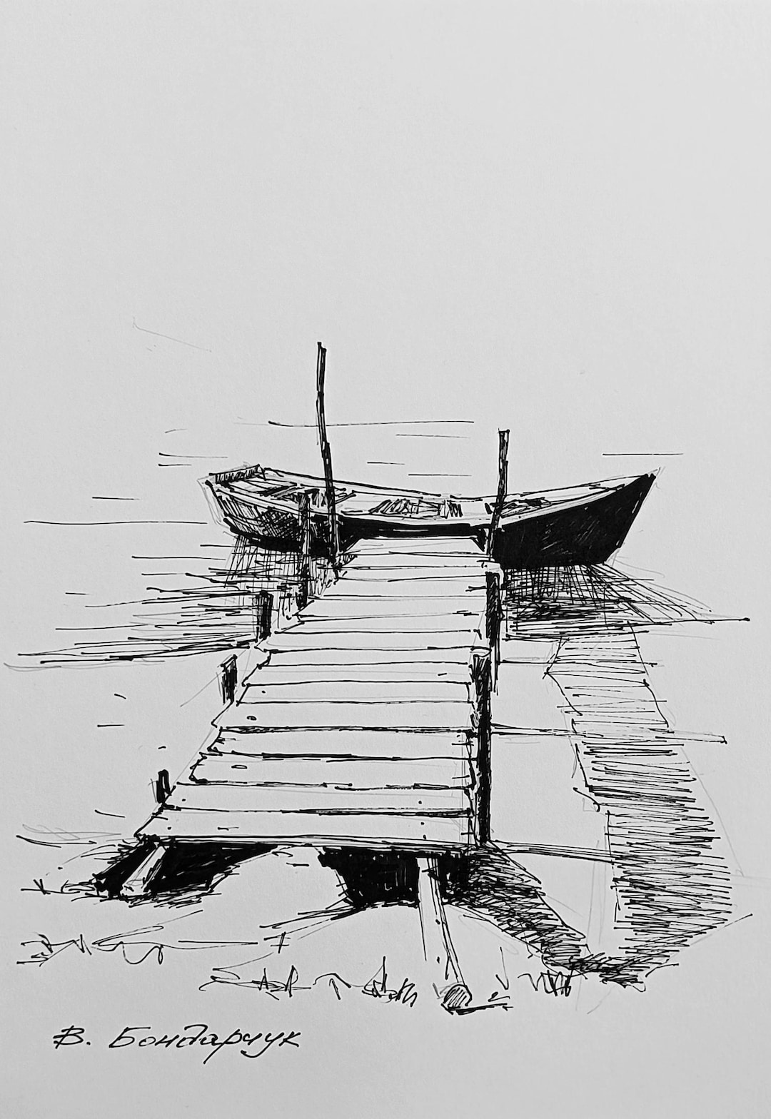 Original Pier and Boat Drawing: Black Marker Minimalist Sketch - Etsy