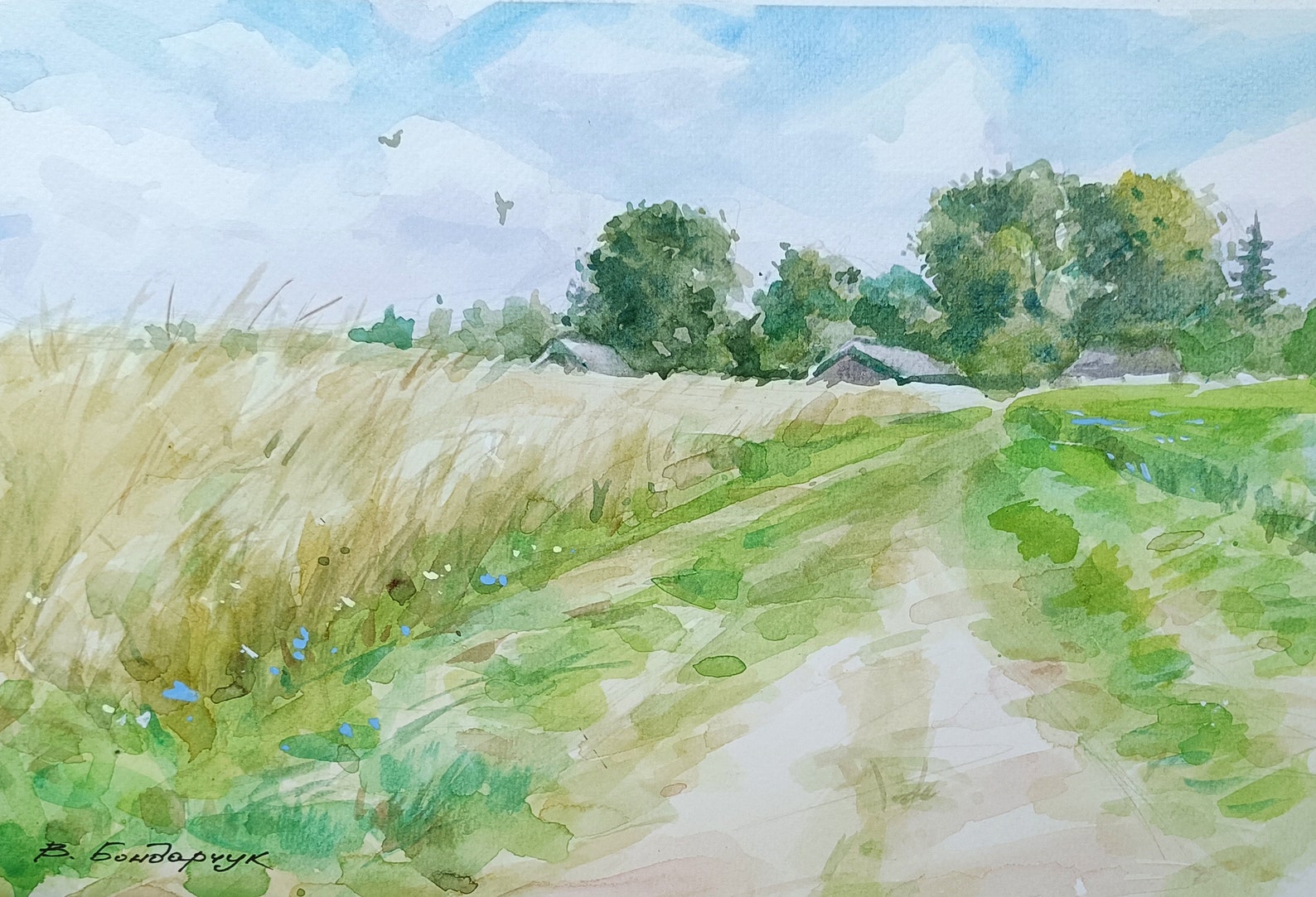 Captivating Large-scale Watercolor: Idyllic Countryside Scene With Road ...