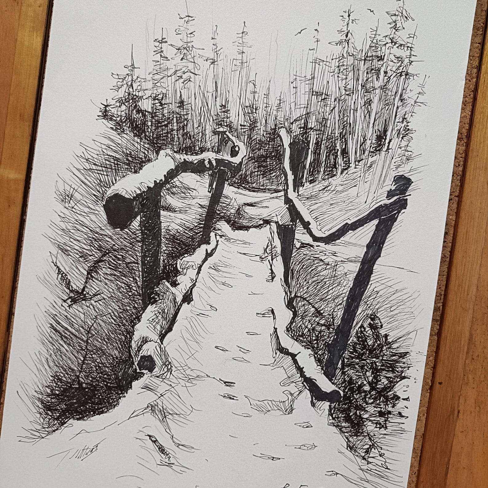 Drawing With Black Marker. Winter Forest Landscape. Wooden Bridge ...