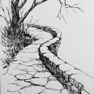Original Drawing With Black Marker. Landscape Stone Road. Sketch ...