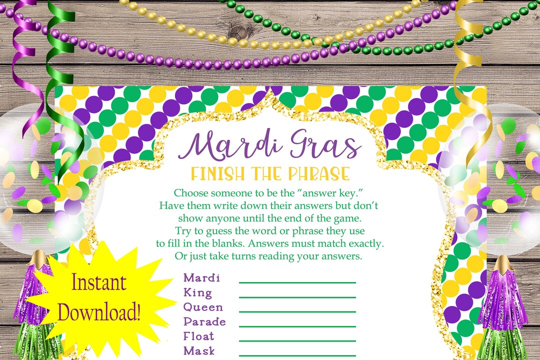 Mardi Gras Finish the Phrase Game, Printable Mardi Gras Game, Instant ...