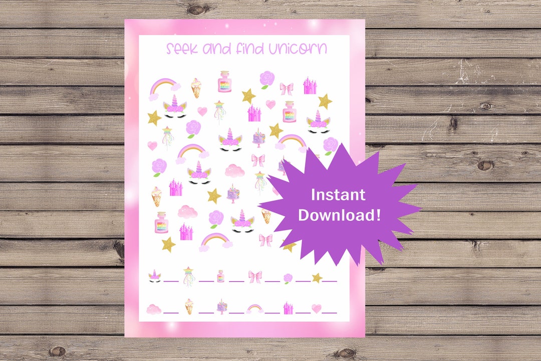 Unicorn Seek and Find Game, Unicorn Party Game, Unicorn Hidden Object ...