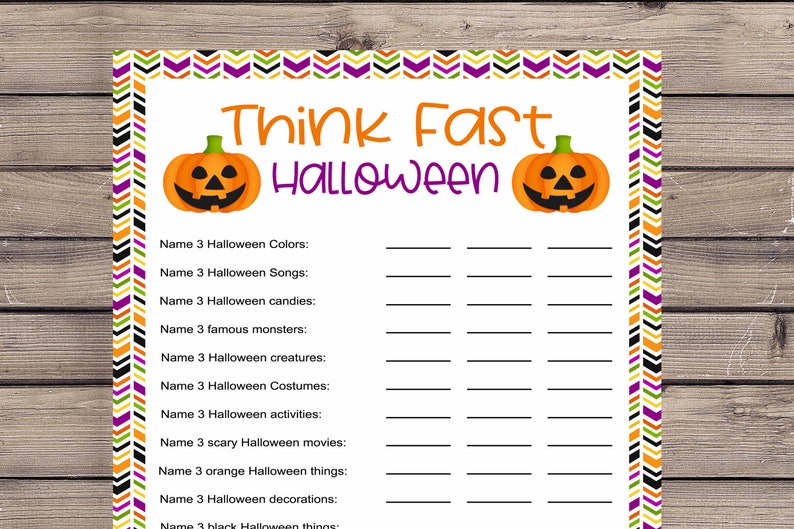 Think Fast Halloween Game, Printable Halloween Game, Instant Download ...
