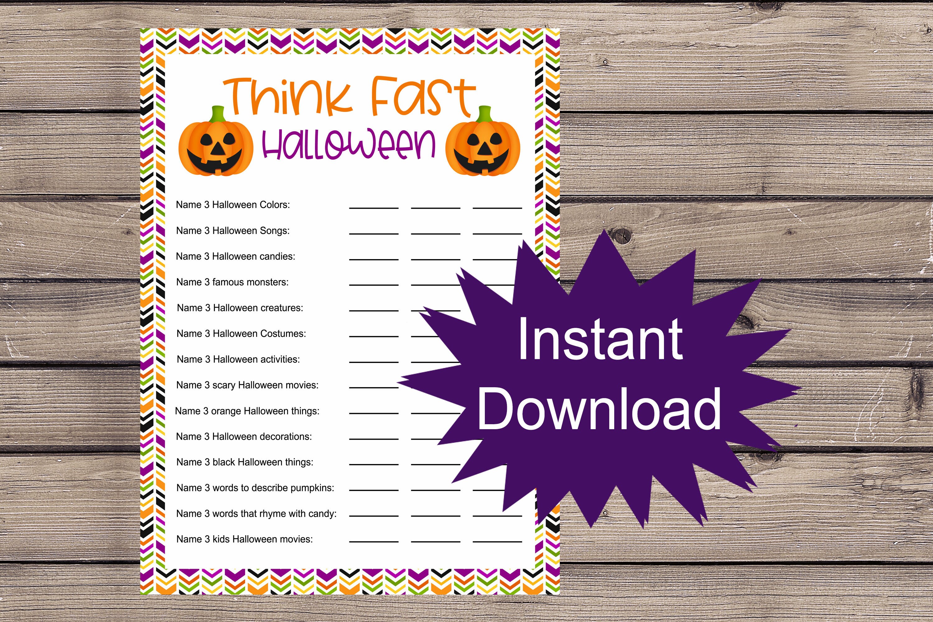Think Fast Halloween Game, Printable Halloween Game, Instant Download ...