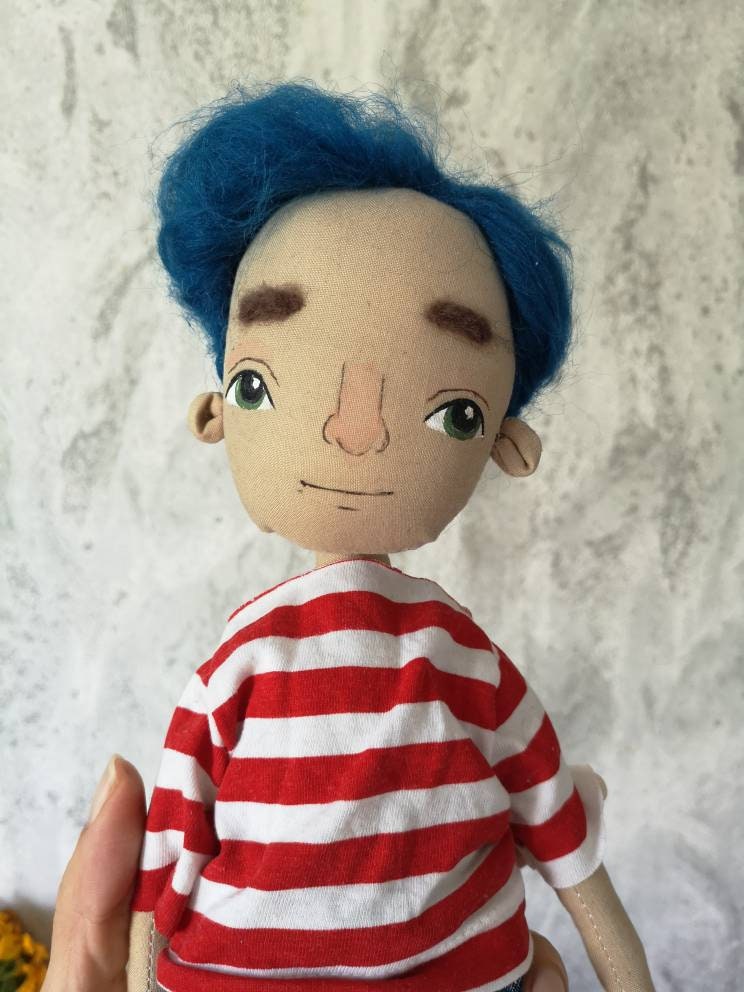 Blue Hair Man Doll Gift for Him, Textile Interior Male Doll, Cloth Man ...