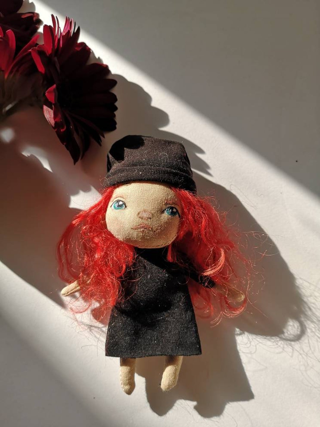 Textile Little Doll With Red Hair, Small Tiny Pocket Doll, Rag Brooch ...