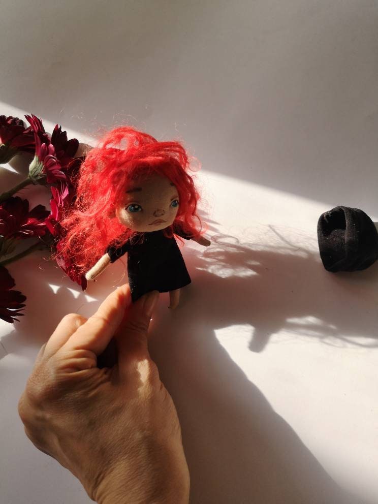 Textile Little Doll With Red Hair, Small Tiny Pocket Doll, Rag Brooch ...