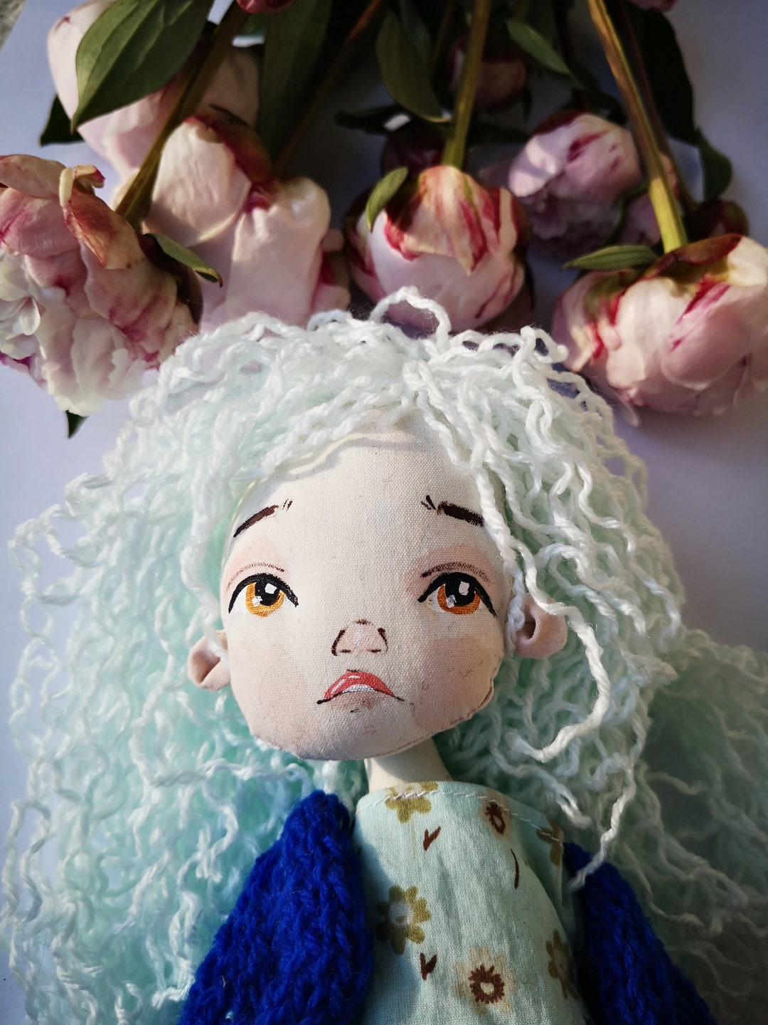 Turquoise Long Hair Doll, Blue Hair Interior Heirloom Art Doll ...