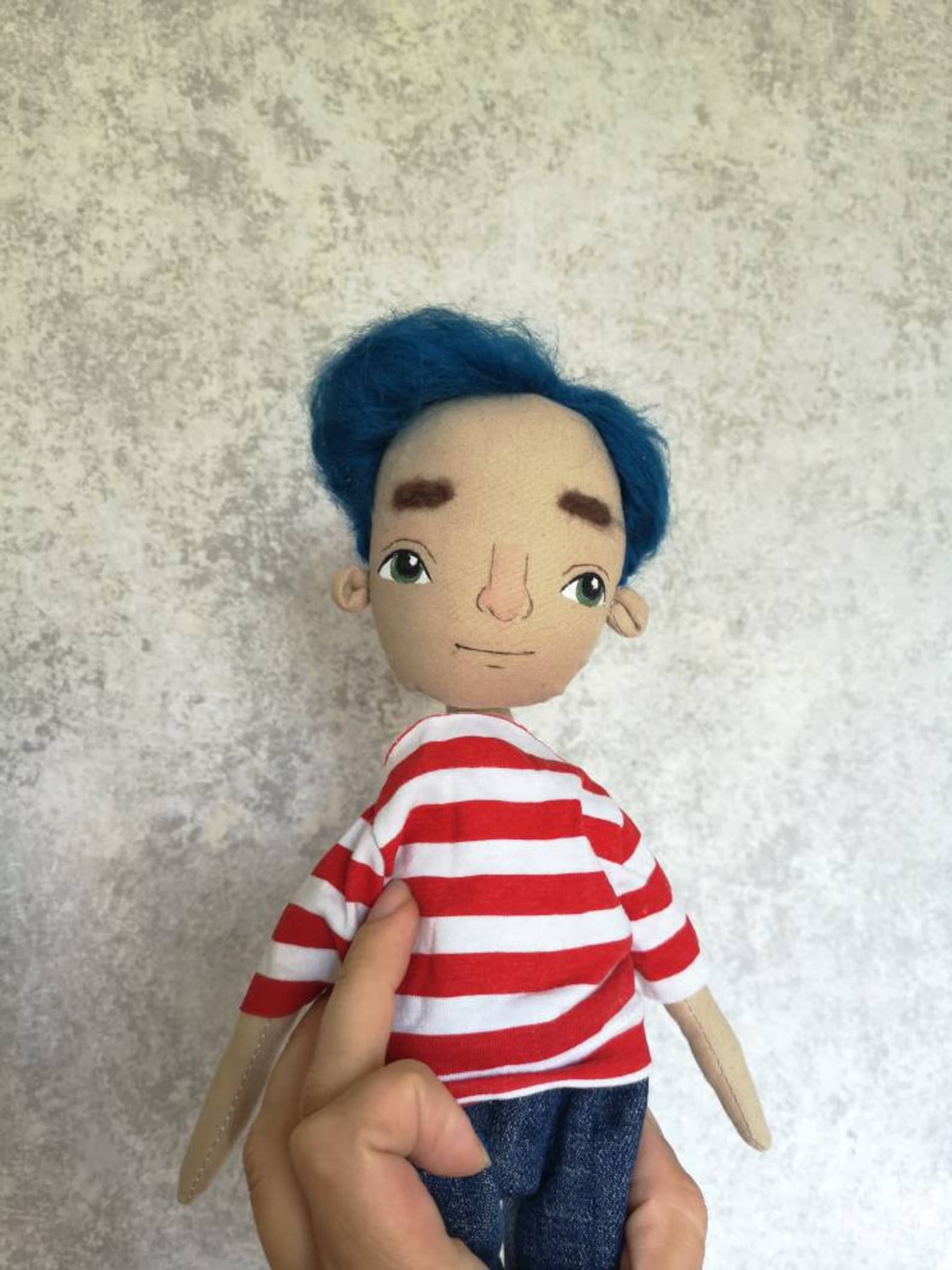 Blue Hair Man Doll Gift for Him, Textile Interior Male Doll, Cloth Man ...