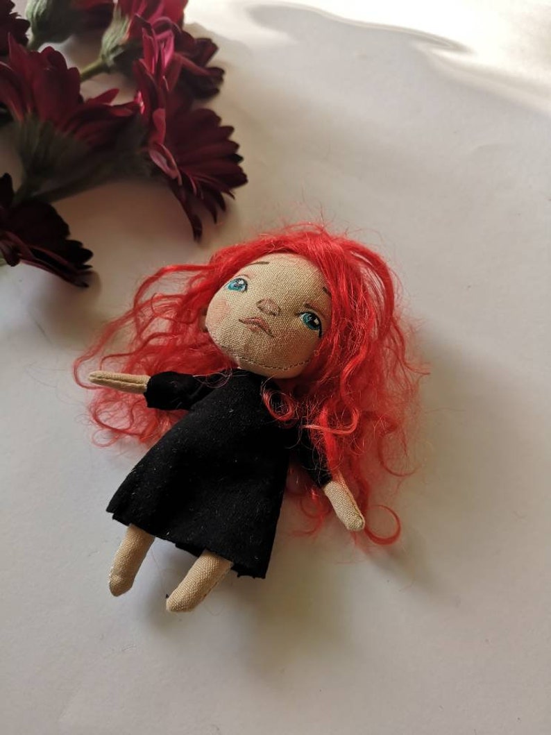 Textile Little Doll With Red Hair, Small Tiny Pocket Doll, Rag Brooch ...