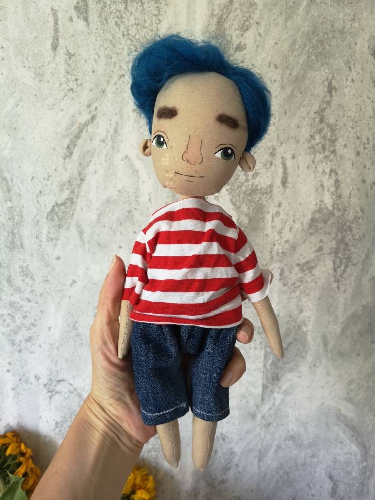 Blue Hair Man Doll Gift for Him, Textile Interior Male Doll, Cloth Man ...
