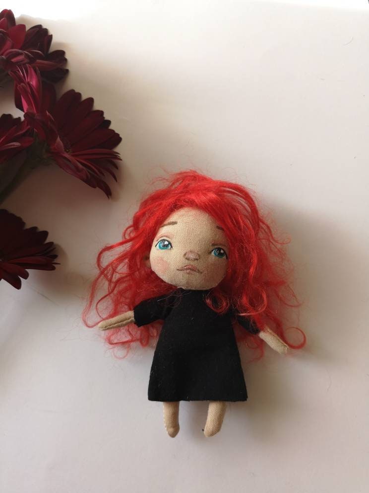 Textile Little Doll With Red Hair, Small Tiny Pocket Doll, Rag Brooch ...