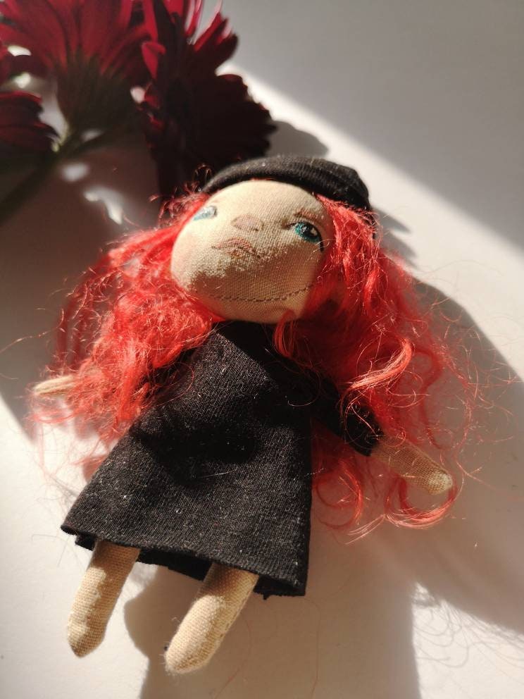 Textile Little Doll With Red Hair, Small Tiny Pocket Doll, Rag Brooch ...