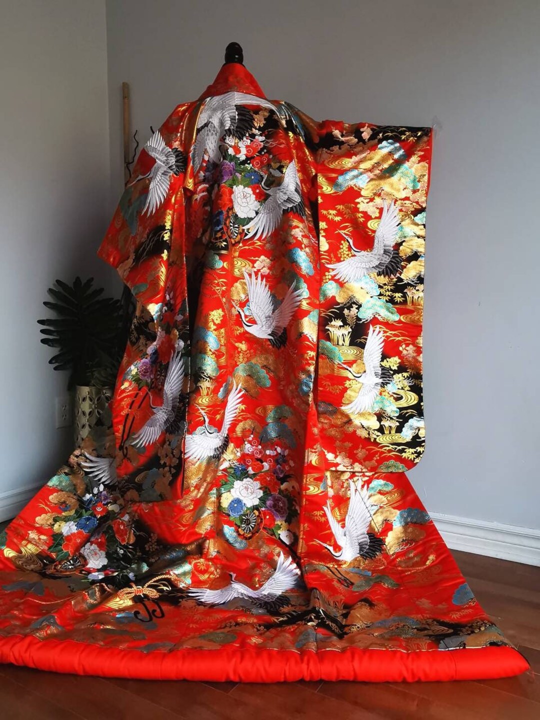 Japanese UCHIKAKE With Flying Cranes and Goshoguruma(court Cart ...