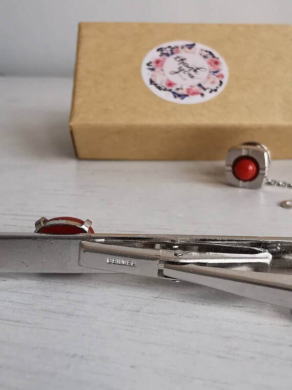 Vintage Japanese orange red coral tie clip and tie pi… - Gem