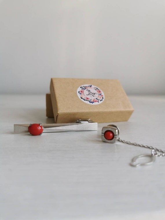 Vintage Japanese orange red coral tie clip and tie pi… - Gem