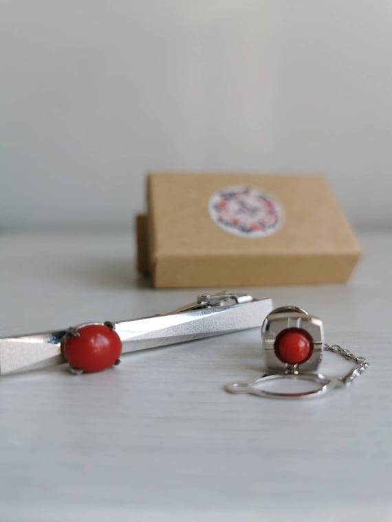 Vintage Japanese orange red coral tie clip and tie pi… - Gem