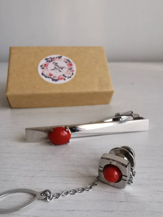 Vintage Japanese orange red coral tie clip and tie pi… - Gem