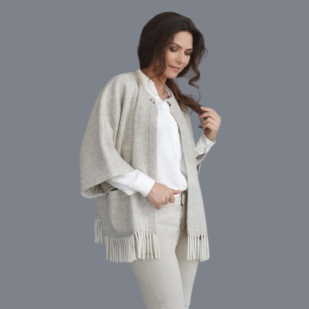 Beige Herringbone Wool Jacket | Made From Pure Wool | Poncho Shawl With ...