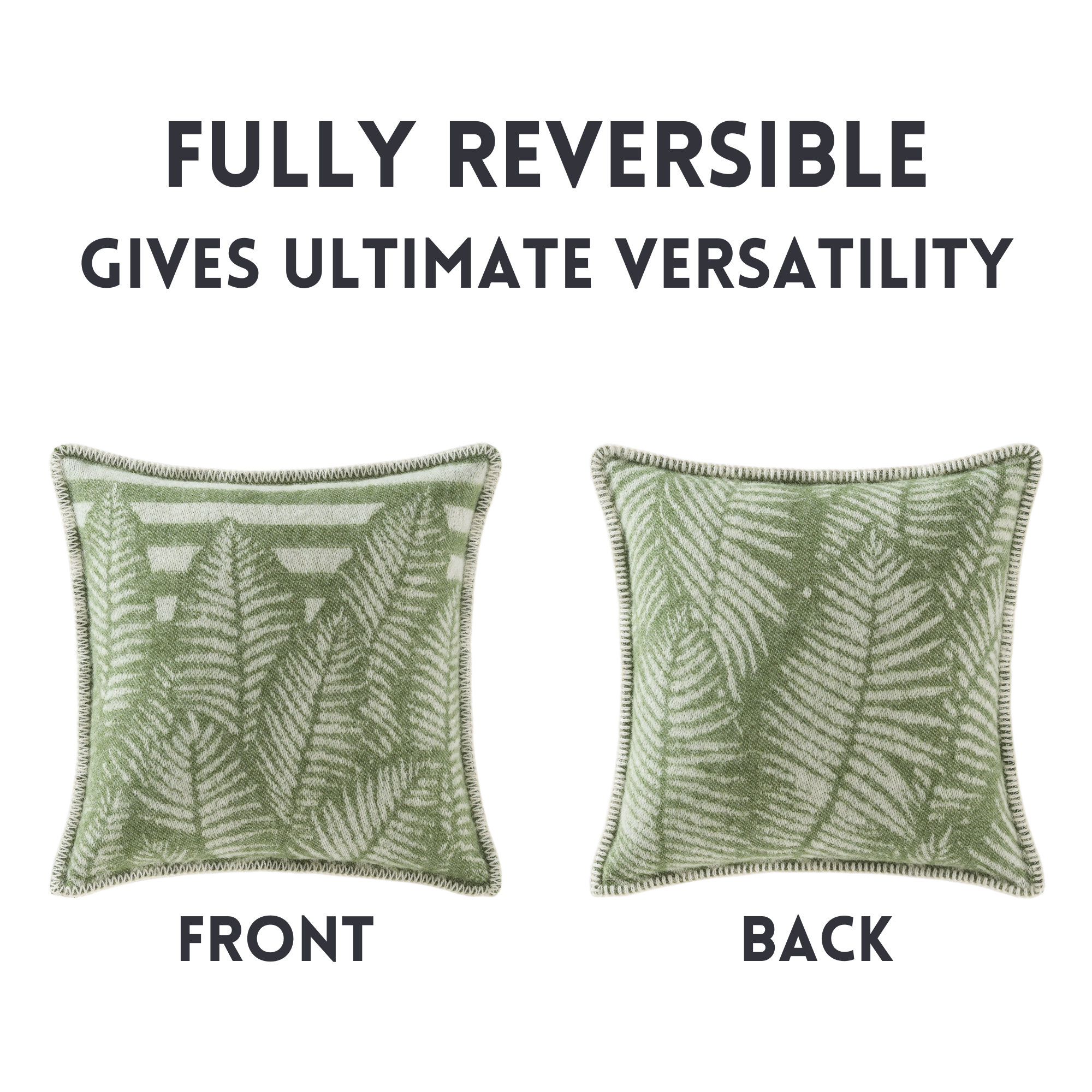 Green Fern Cushion Cover | Pure Wool Reversible Pillowcase | 45 X 45cm ...