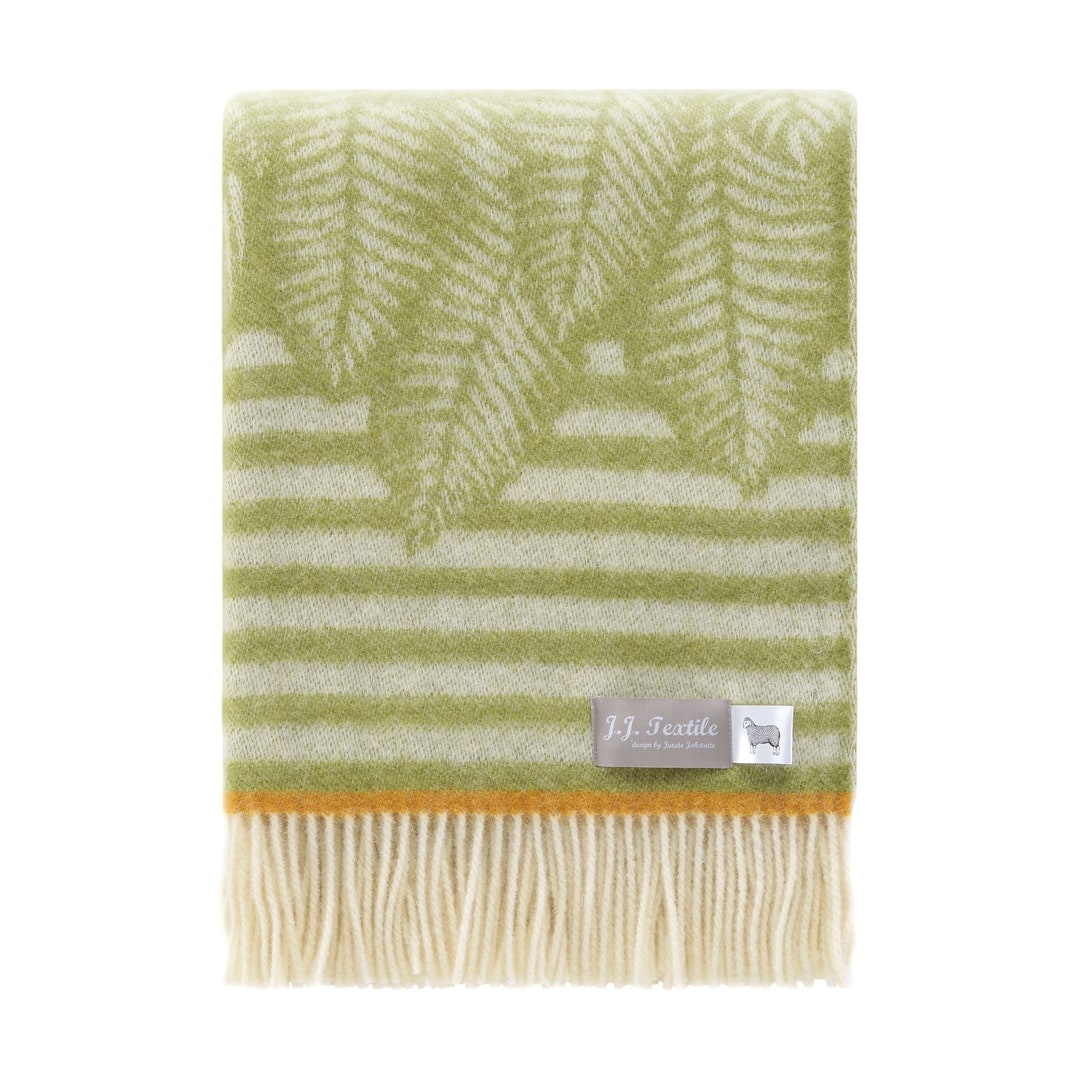 Light Green Stripe Fern Throw, Pure Wool Blanket, Botanical Leaf ...